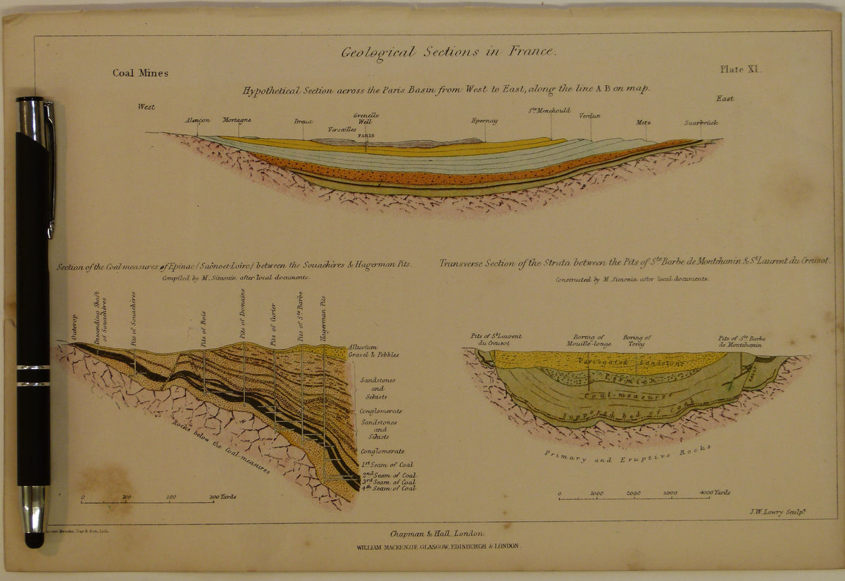 Geological Sections in France; Coal Mines, 1869, Plate 11, from Mines ...