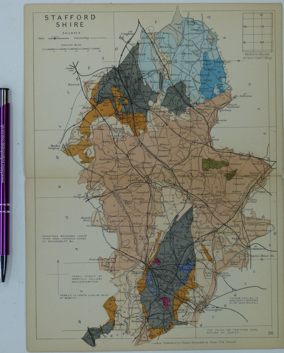 Staffordshire (1889) county geological map from Reynolds’s Geological ...