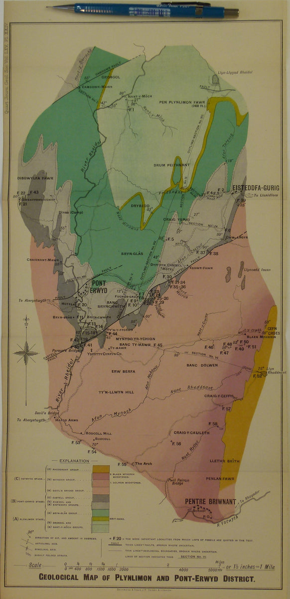 Wales Mid- 1909. Geological Map of Plynlimon and Pont-Erwyd District ...